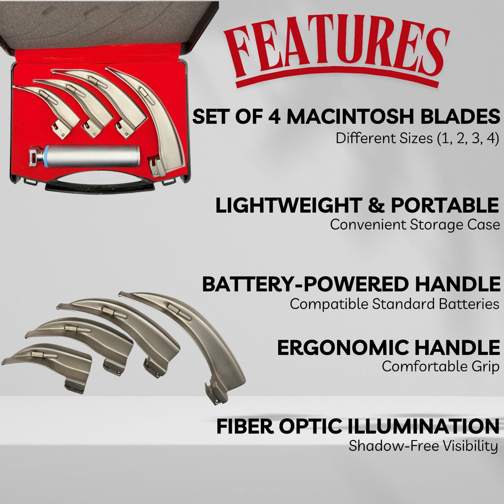 LARYNGOSCOPE LED MACINTOSH INTUBATION SET OF 4+ 1 HANDLE EMT ANESTHESI